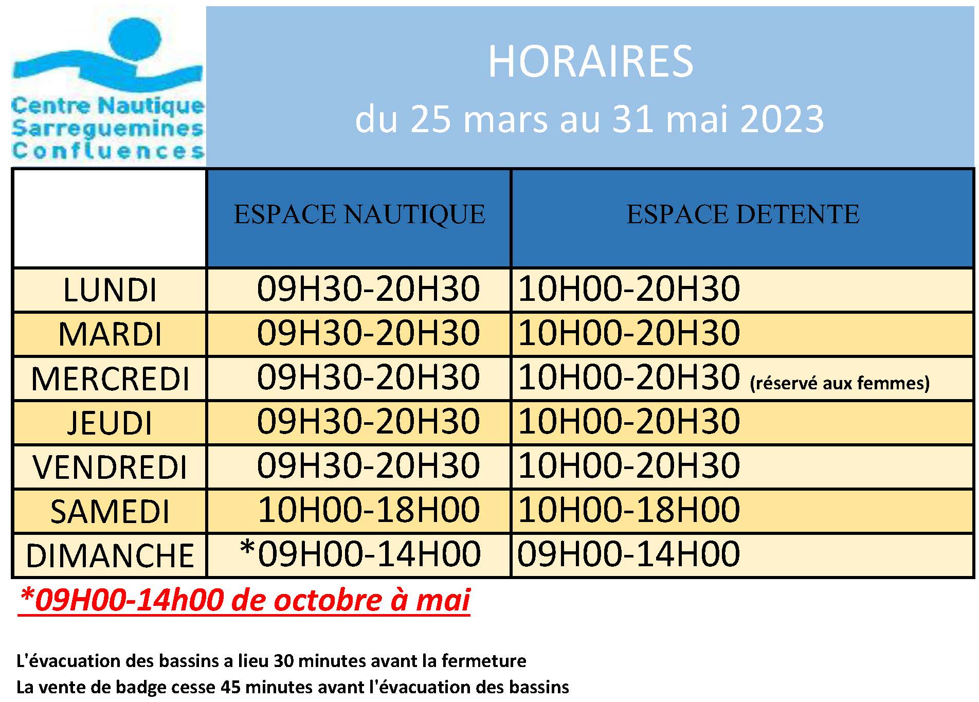 Changement d'horaires au Centre Nautique - CASC